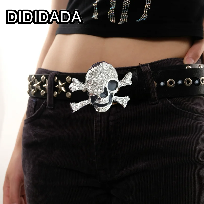 Women Men Y2K Girls Gothic Punk Skeleton head Bling star Belt Western ...