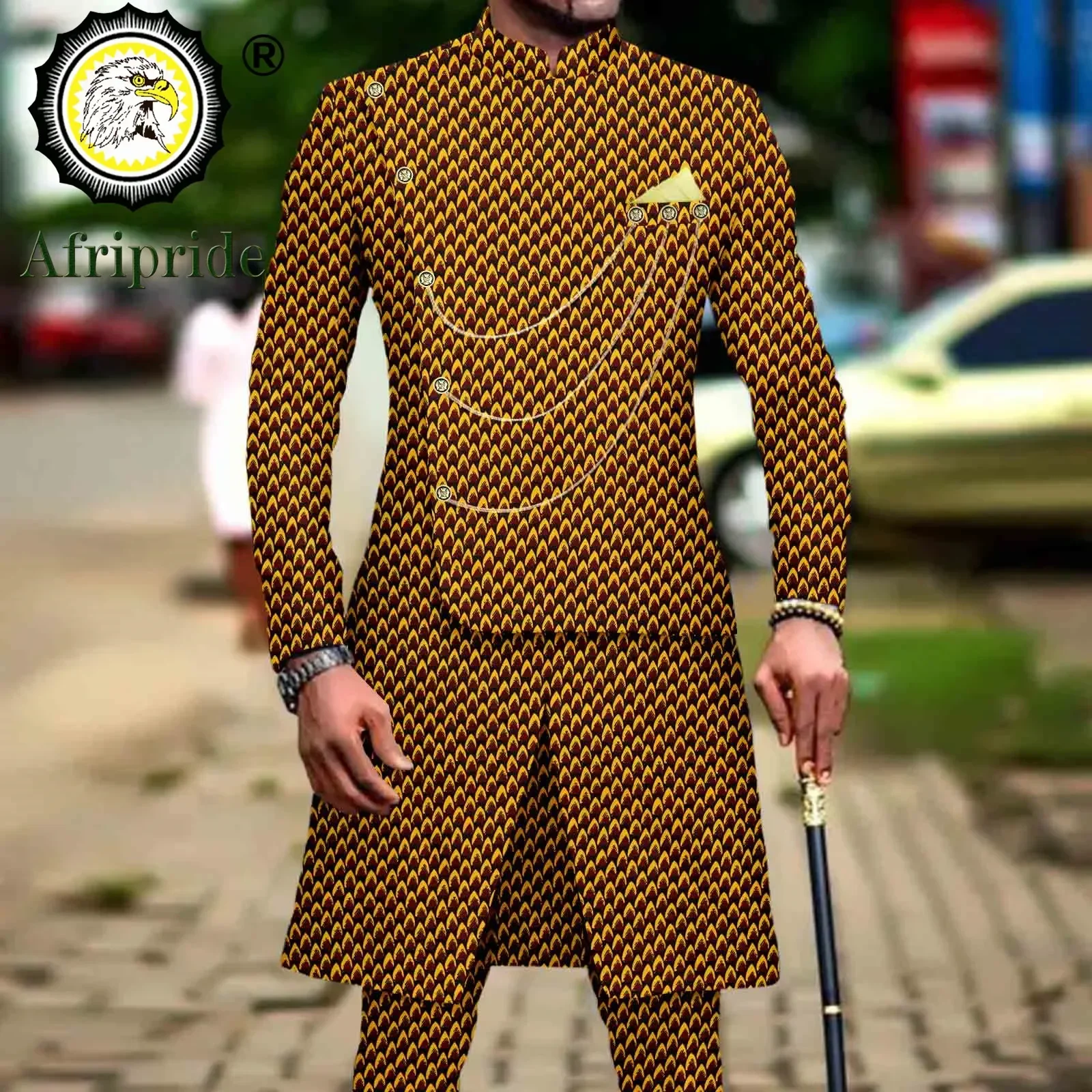 African Suits for Men Dashiki Printed Jackets and Pants 2 Piece Set African Clothes with Kerchief Groom for Wedding A2316012