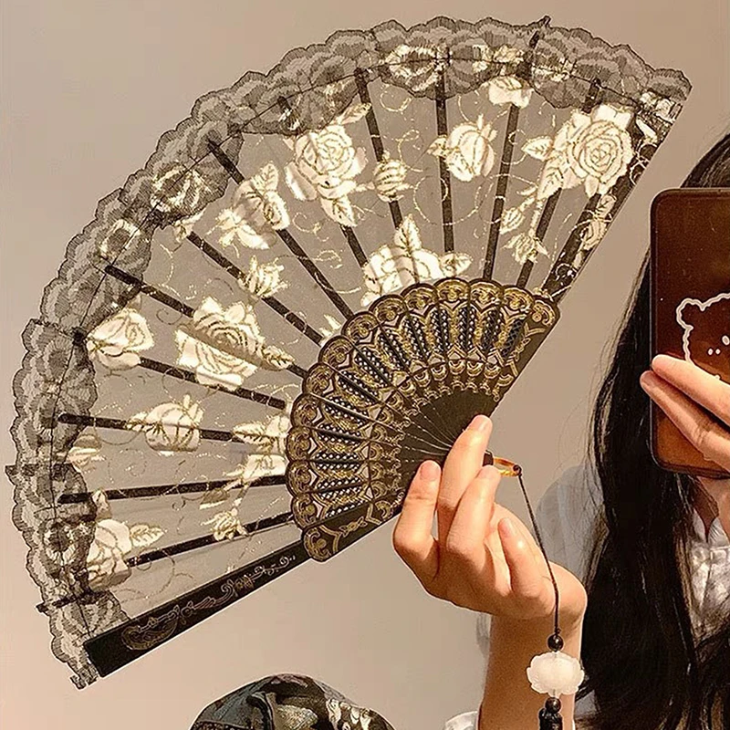 Lace Decorative Fans Folding Hand Fan Black White Dancing Fans Wedding ...