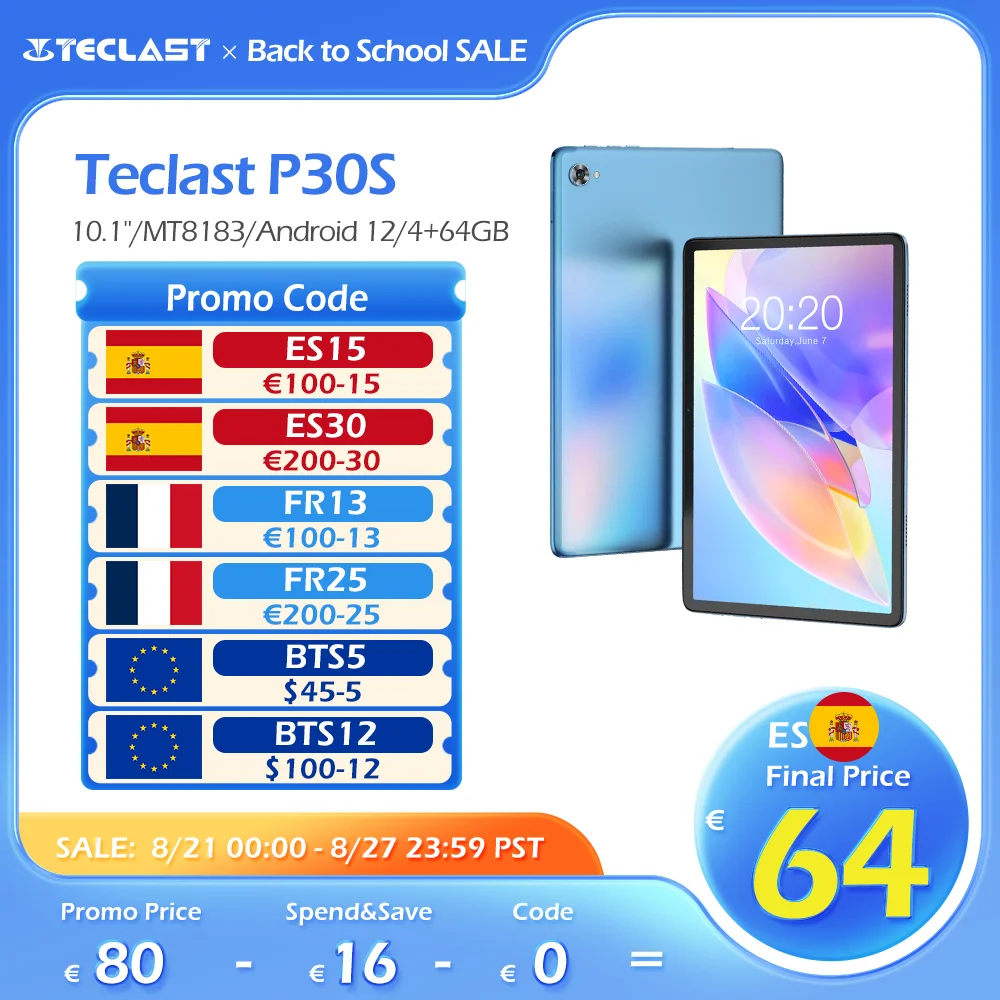 Teclast P30S tablet, 10.1 inch, Android 12, 1280x800 IPS, 4GB/6GB RAM, 64GB/128GB ROM, MT8183, 8 ...