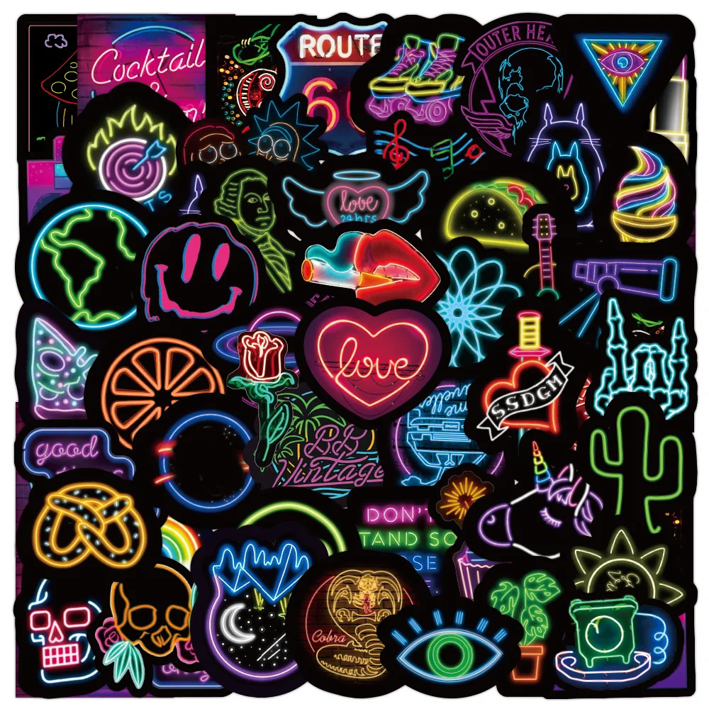 50PCS-INS-Cartoon-Neon-Light-Sticker-Funny-VSCO-Girl-DIY-Toy-Guitar ...