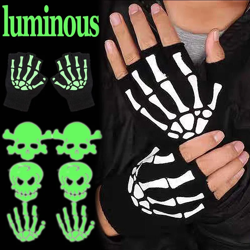 Skeleton-Gloves-Noctilucent-Halloween-Role-playing-Prop-Half-Finger ...