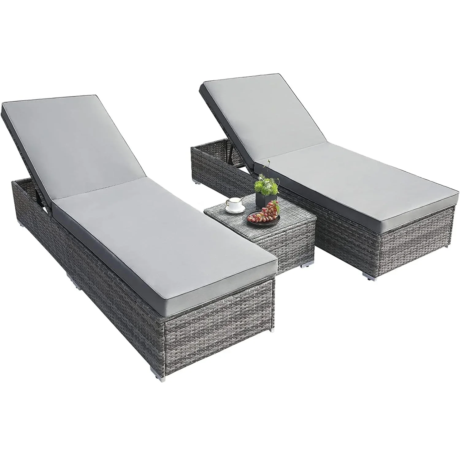 3PCS Rattan Recliner Sun Lounger Set, Garden Sunlounger Patio Reclining ...