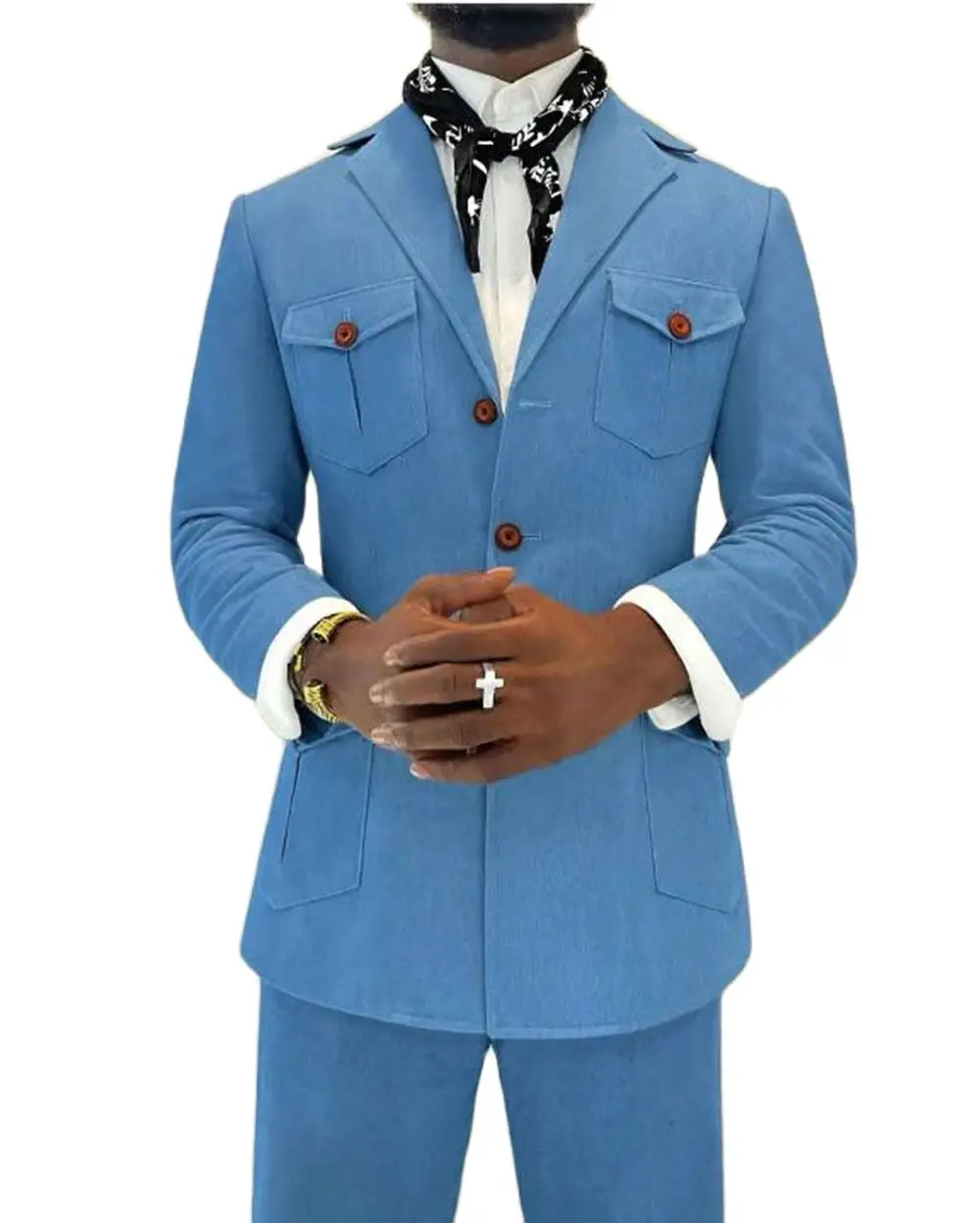 Tailored Men Safari Suits Light Blue Denim Coat Blazer Trousers Costume ...