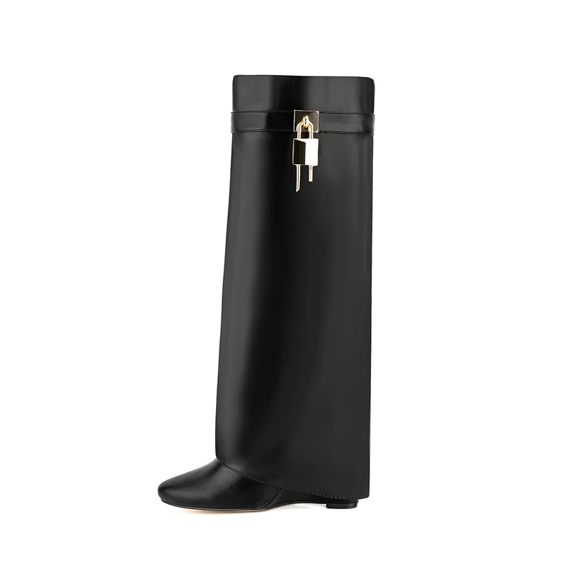 Lock-Metal-Buckle-Women-Knee-High-Boots-Wedges-Shoes-For-Woman-Punk ...