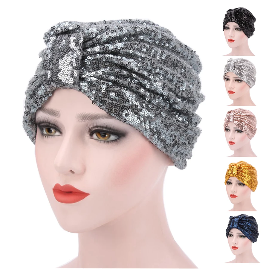 Fashion-Silver-Sequins-Headscarf-Cap-Instant-Hijabs-Women-Muslim-Turban ...