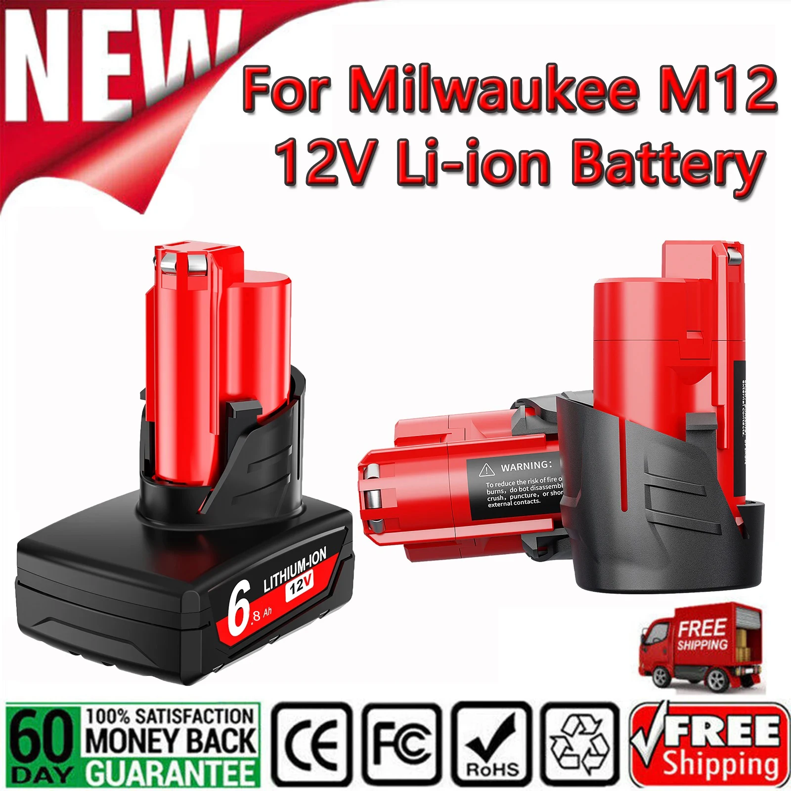 12V 6.8Ah Replacement Battery For Milwaukee M12 XC 48-11-2401, 48-11 ...