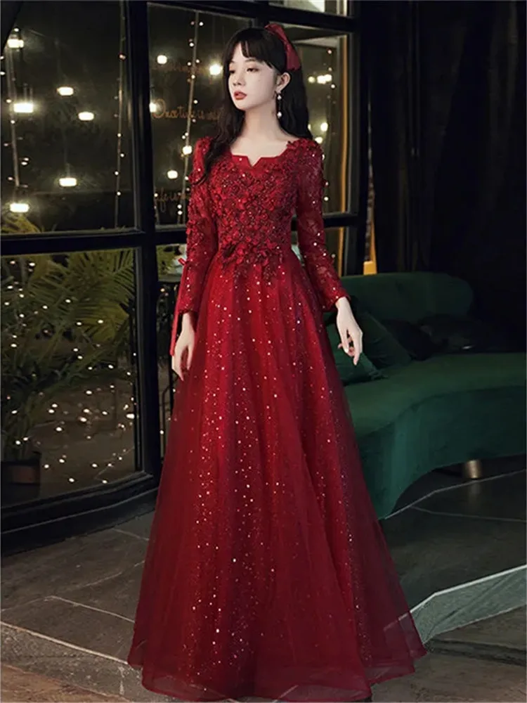 Wine-Red-Long-Dress-for-Women-Spring-Summer-New-Solid-Color-Decal ...