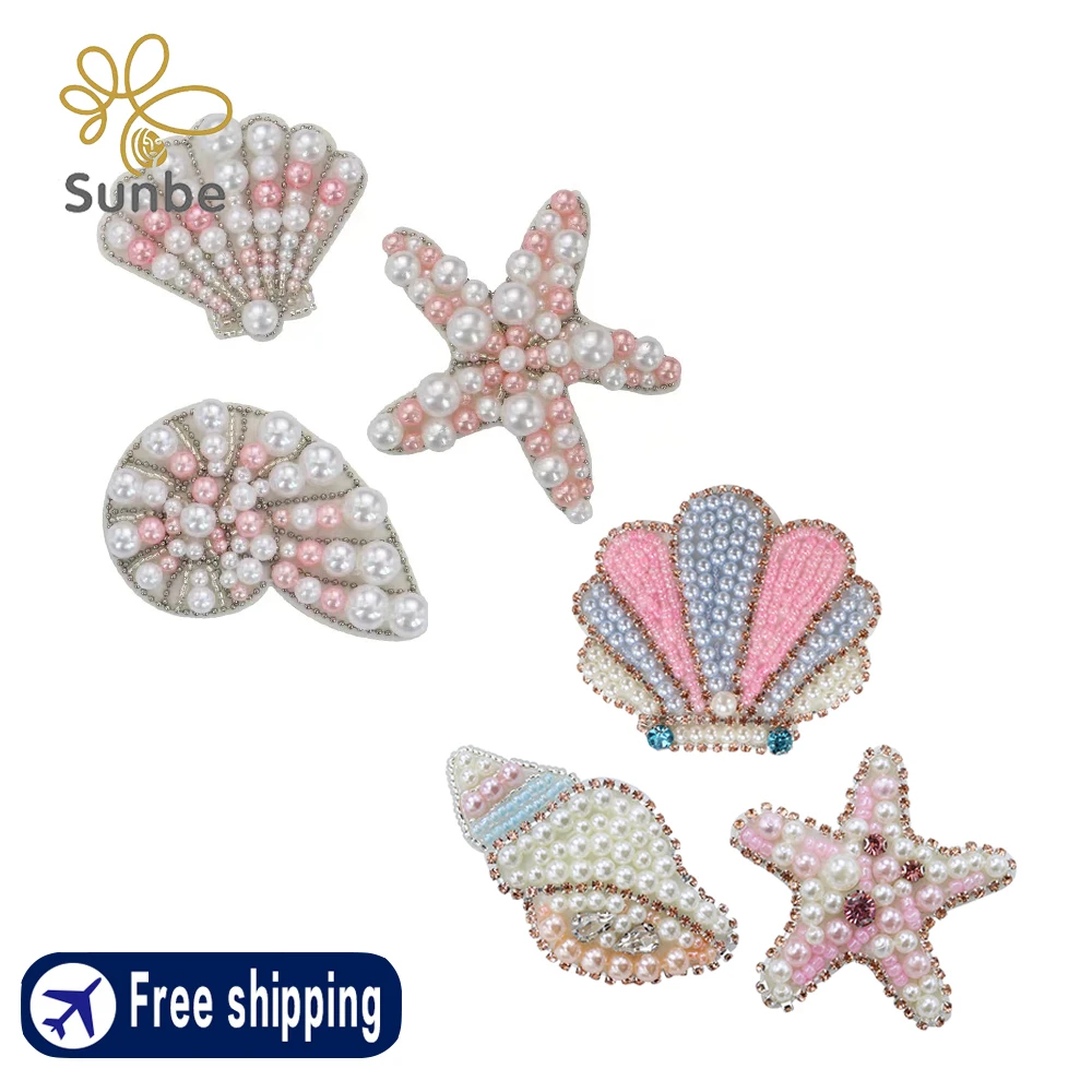 Rhinestone Bead Sew On Patches Conch Shell Starfish Design Marine Theme ...