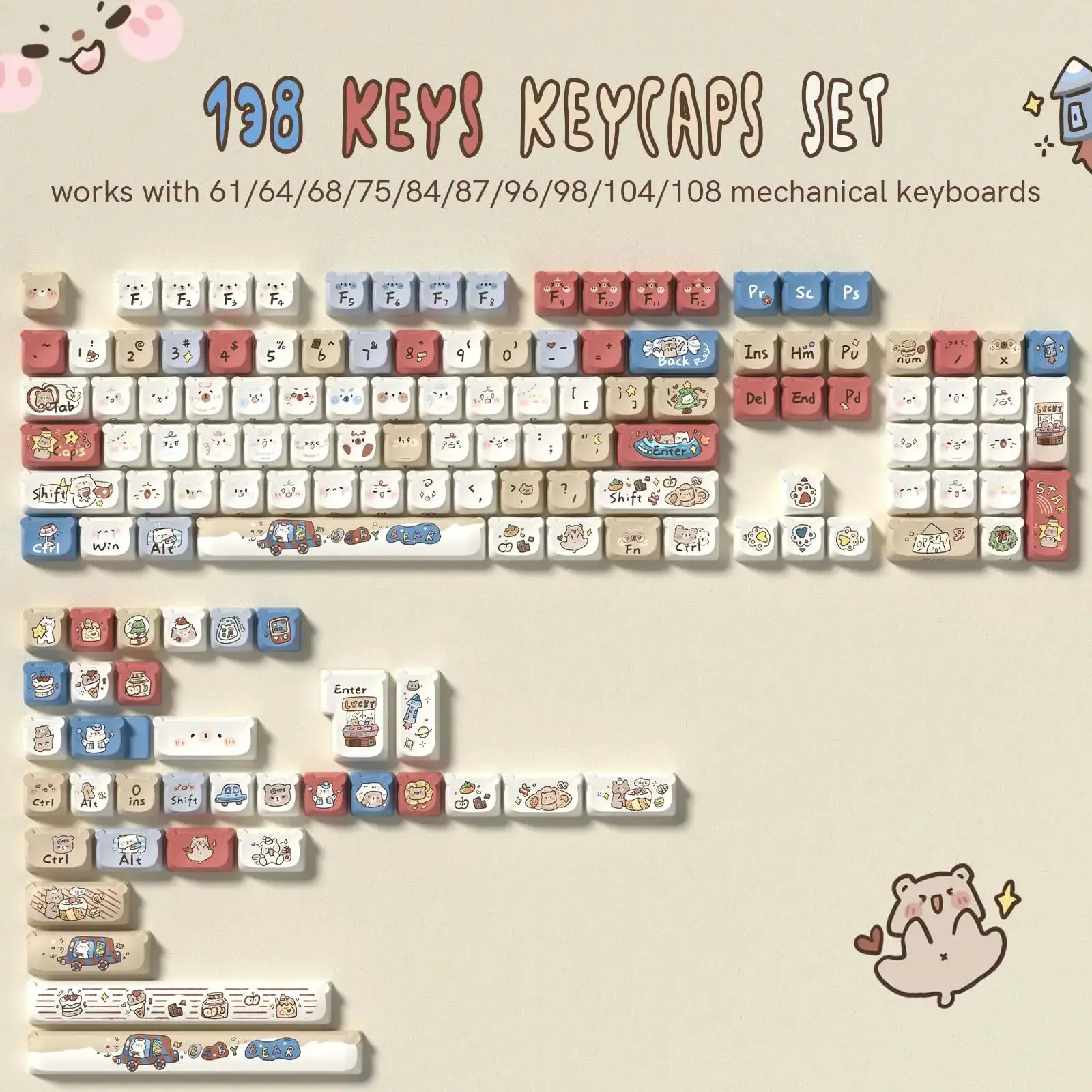 WOMIER-138-Keys-Cute-Bear-PBT-Keycaps-Dye-Sub-MAO-Profile-Custom-Key ...