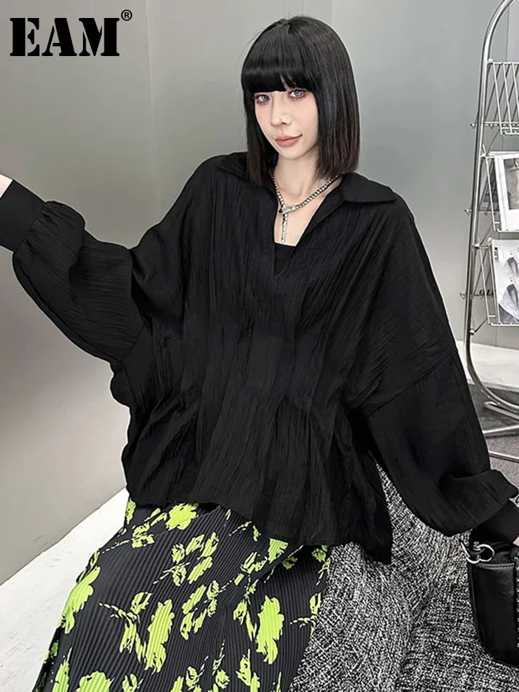 EAM-Women-Black-Pleated-Big-Size-Thin-Elegant-Blouse-New-V-neck-Long ...