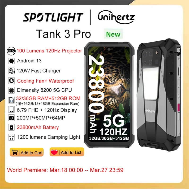 Unihertz Tank 3 Pro 8849 Rugged Phones 5G with 100 Lumens Projector 32 ...