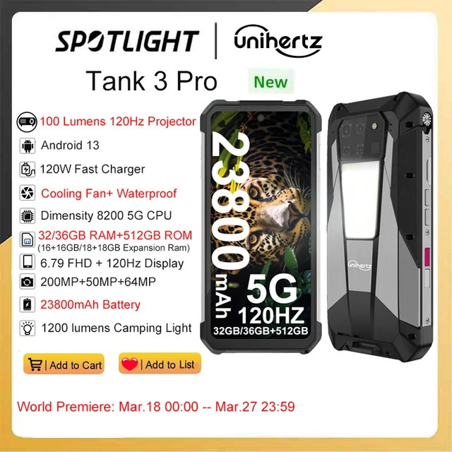 Unihertz Tank 3 Pro 8849 Rugged Phones 5G with 100 Lumens Projector 32/36GB 512GB 23800mAh ...