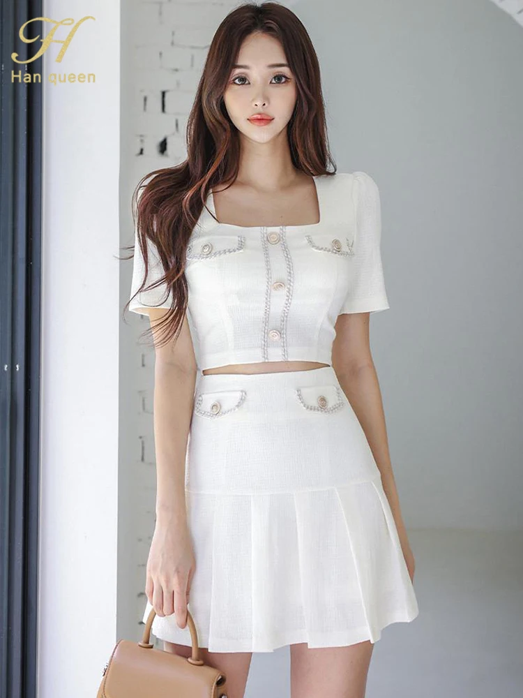H Han Queen Summer New 2-Piece Sets Fashion Button Short Top +Elegant A ...
