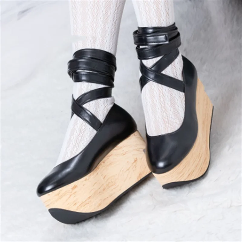 2026 New Black Thick Sole Platform Pumps Women Cross-strap Lolita ...