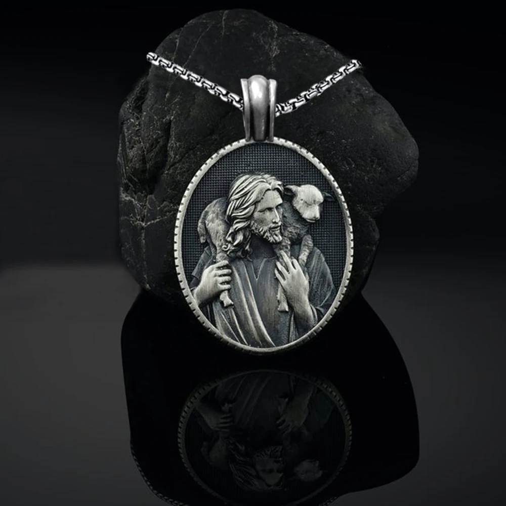 Men'sChristian Religious Pendant Necklace - Jesus Good Shepherd & Dog ...