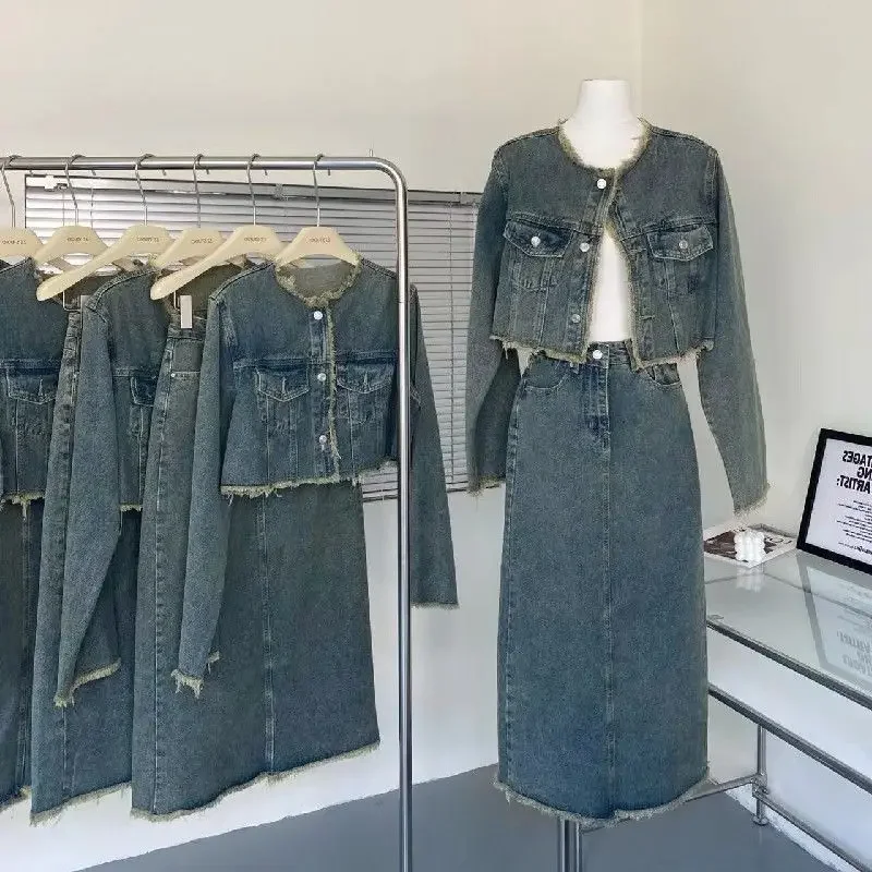 Vintage-Denim-Short-Jacket-Side-Slit-Skirt-2-piece-Set-Women-s ...