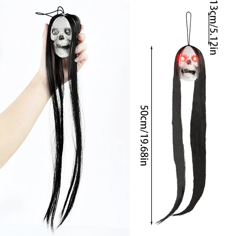 Halloween Hanging Skull Ghost With Long Hair Horror LED Skeleton Light ...