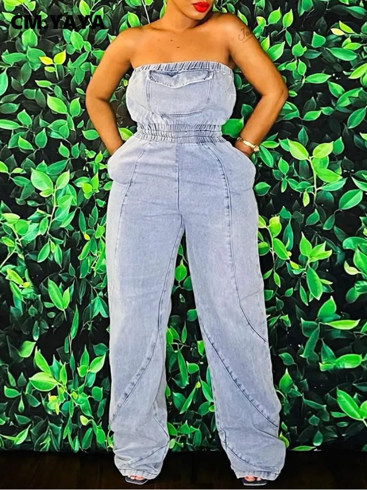 CM-YAYA-Fashion-Women-Pocket-Front-Strapless-Sleeveless-Denim-Wide-Leg ...