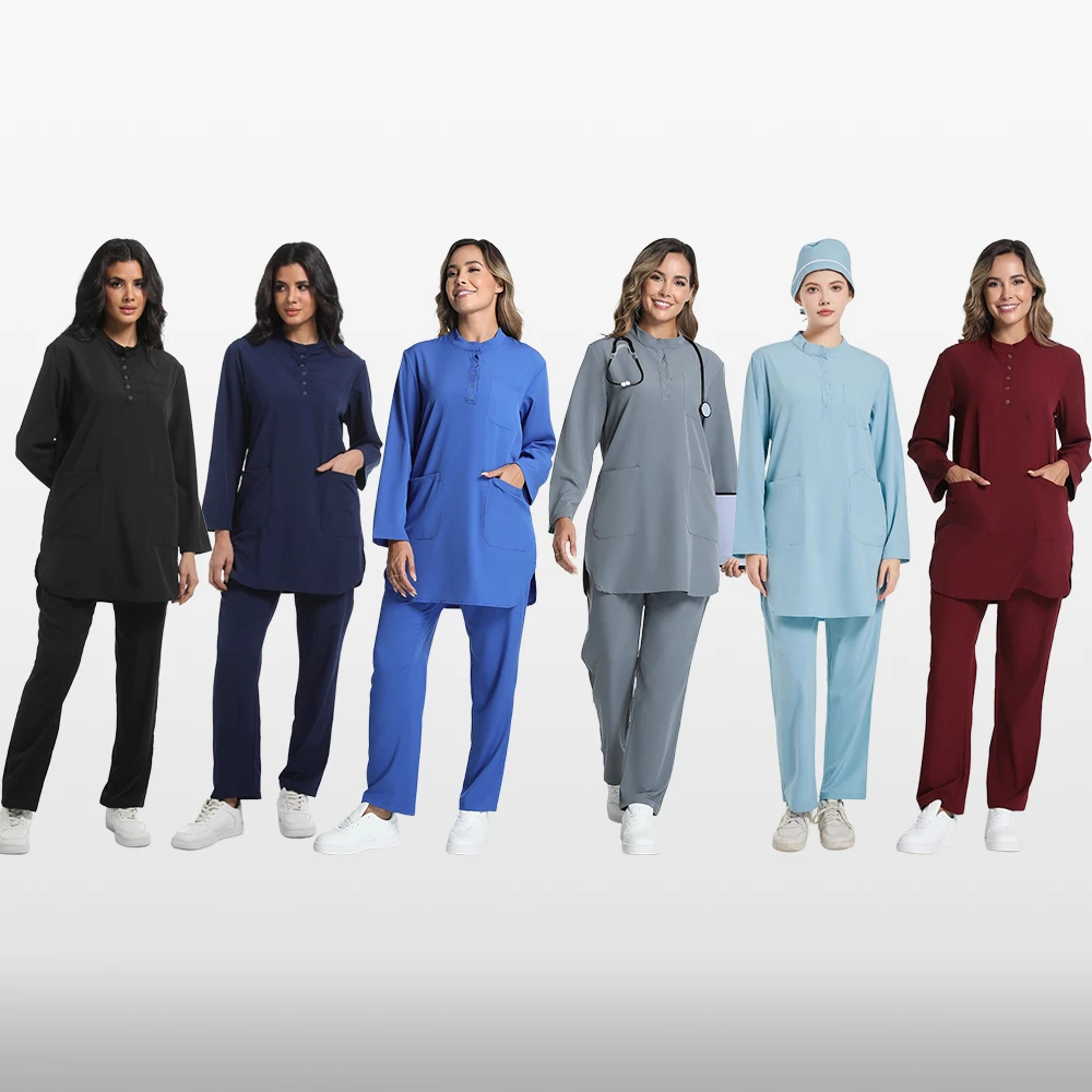 Muslim Stretch Long Sleeve Nursing Scrubs Doctor Nurse Scrub Suits for ...