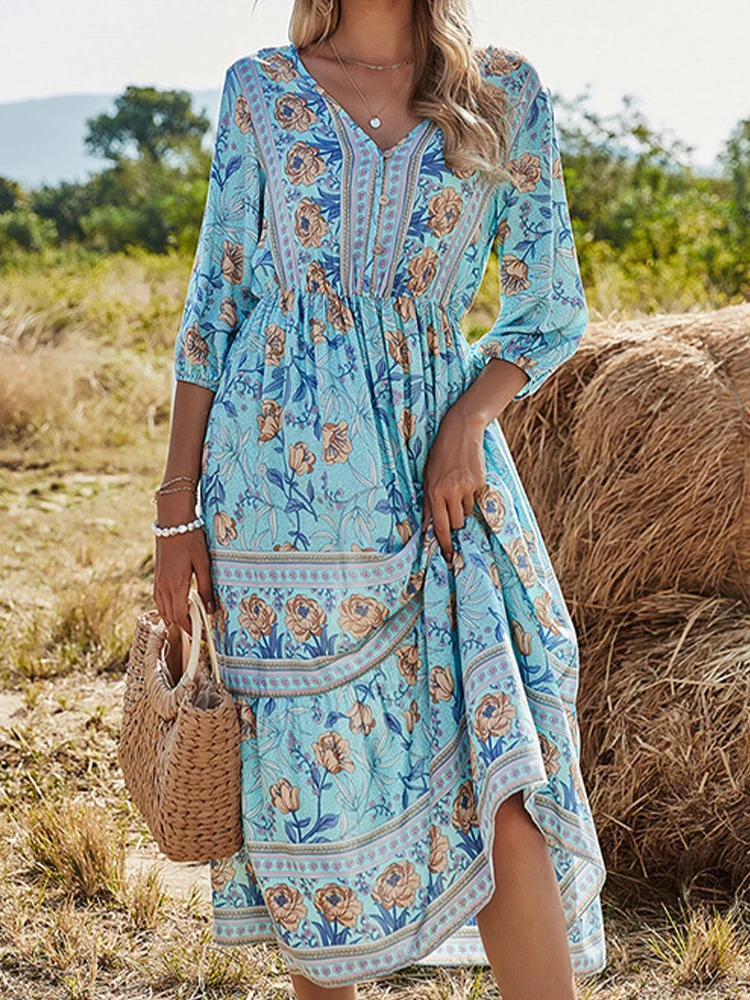 Summer Boho Long Dresses Women Fashion Print V Neck Half Sleeve Cotton ...