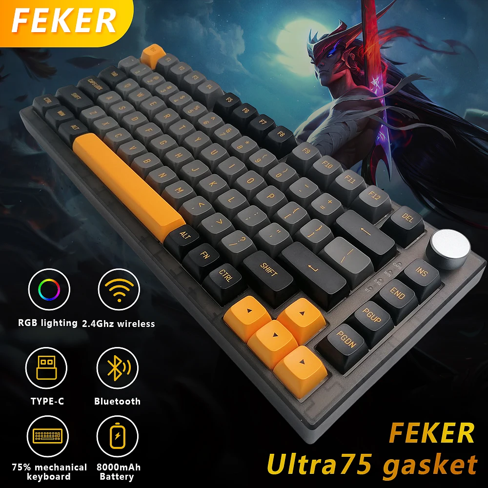 Feker-Teclado Mecânico Sem Fio, K75 Ultra Pro, PBT Keycap, RGB, Bluetooth, 2.4G Knob Gasket ...
