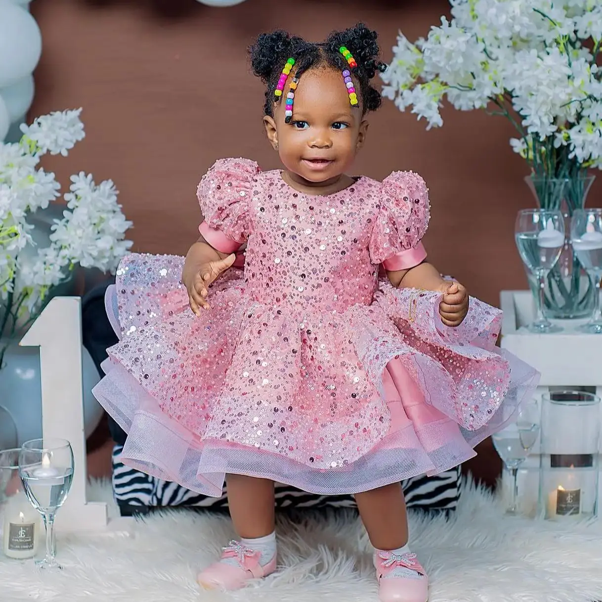 Pink-Sequined-Flower-Girl-Dress-Short-Sleeve-Shiny-Ruffles-Kids ...
