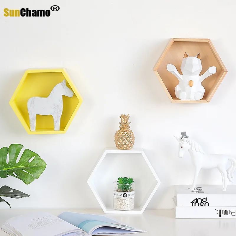 Wooden Hexagon Wall Storage Shelf | Shelf Living Room Hexagonal ...