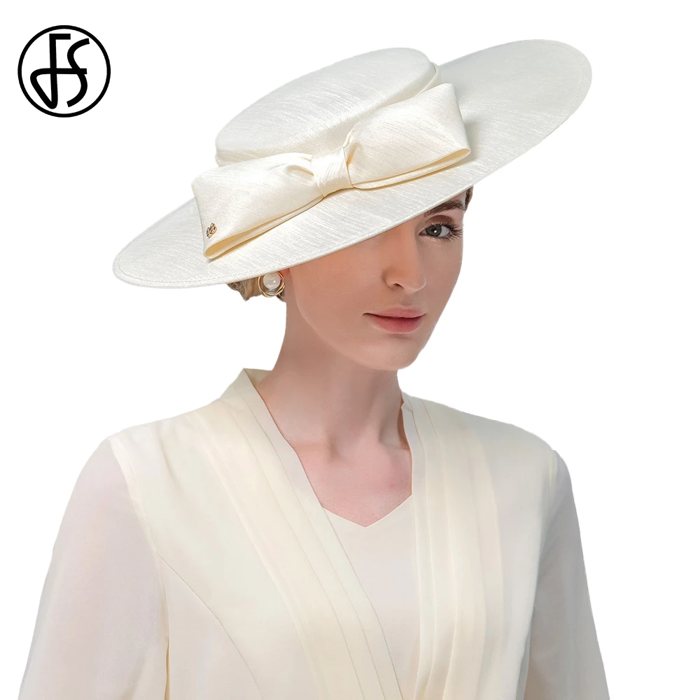Fs Elegant Ivory Hats For Women Big Bowknot Formal Occasion Wide Brim ...