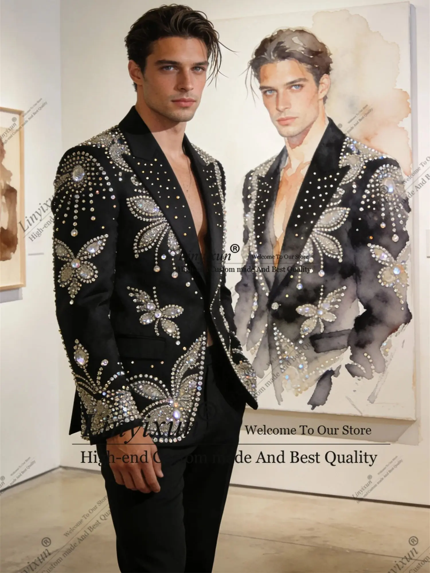 Unique design Rhinestone Gem Men Suits Customized Peaked Lapel Ropa ...