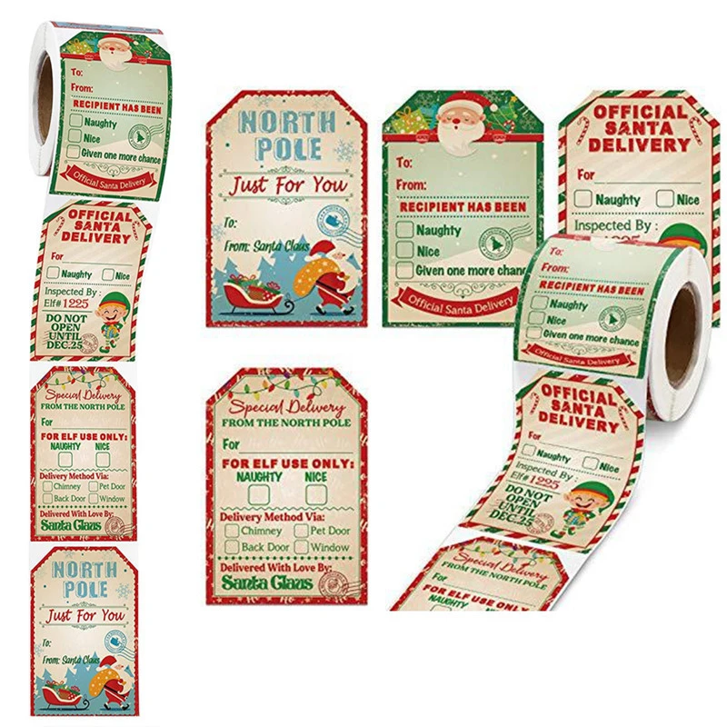 200Sheets-Christmas-Gift-Tag-Stickers-Vintage-Santa-Claus-Labels ...