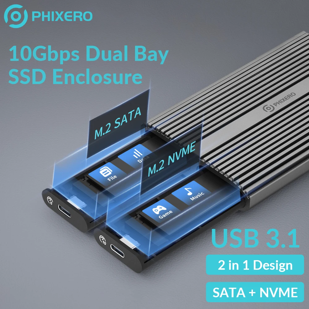 PHIXERO M2 NVME SATA SSD 케이스 외장 하드 드라이브 인클로저, M.2 2230 2242 2260 2280 ...
