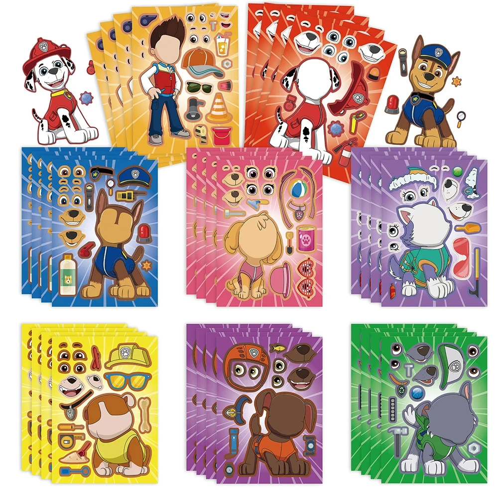 8-16Sheets-PAW-Patrol-Puzzle-Anime-Stickers-Chase-Make-a-Face-Assemble ...