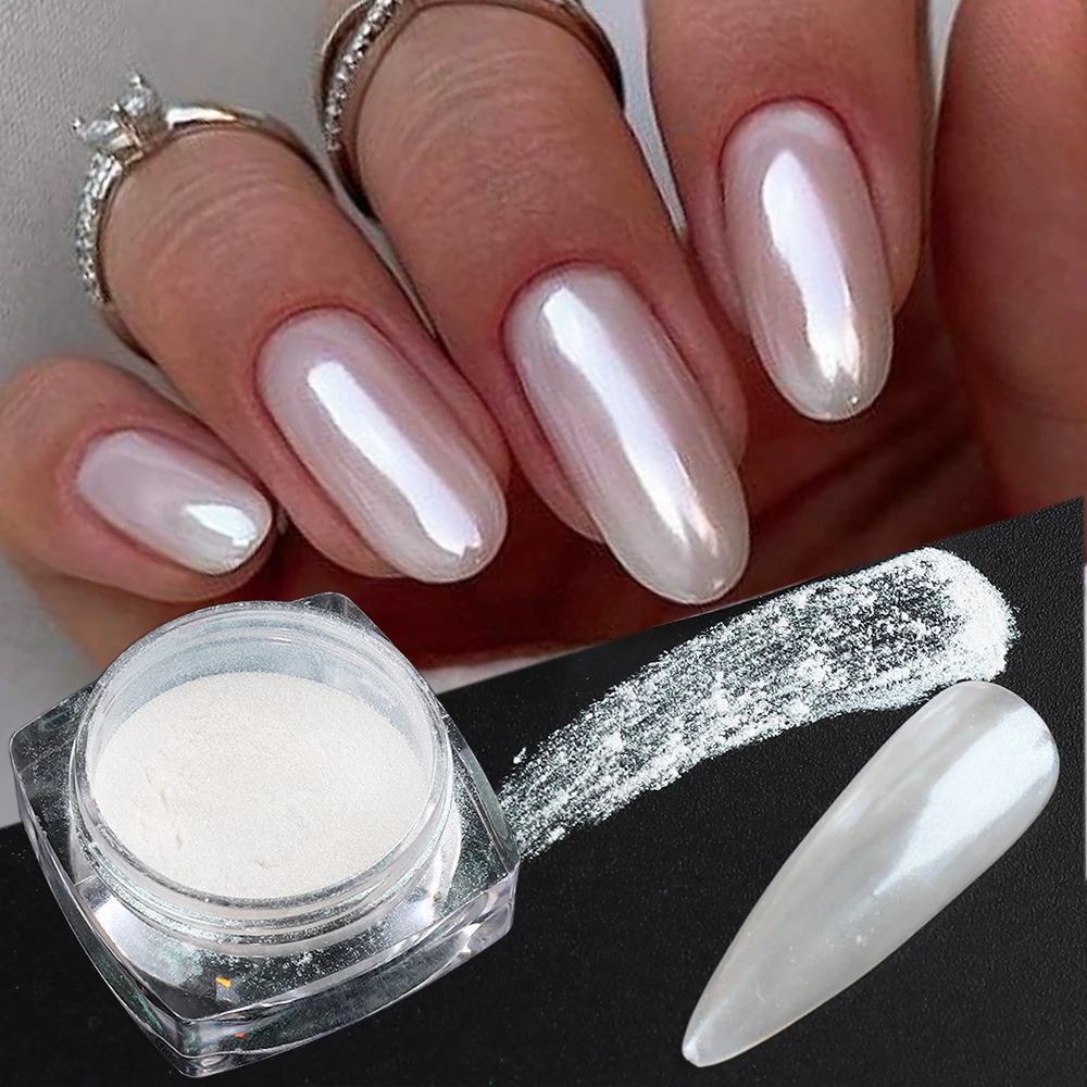 White Chrome Pearl Nail Powder Shimmer Glitter Wedding Bride Nail ...