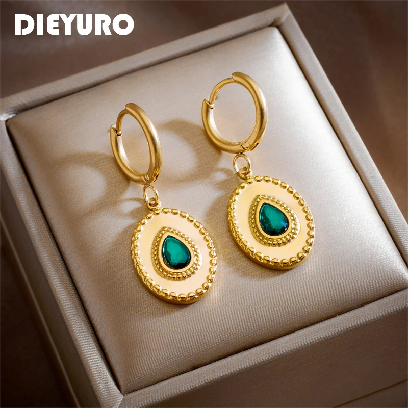 DIEYURO 316L Stainless Steel Oval Drop Shaped Green Zircon Hoop ...