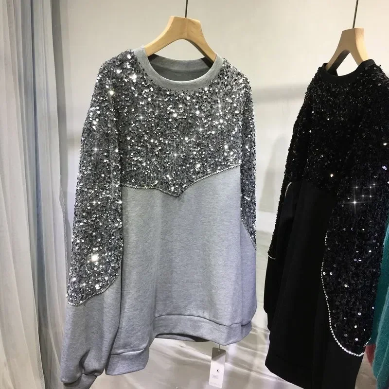 Women Sweater Hand-beaded Sequins Hoodies Pullovers O-Neck Long-sleeved ...