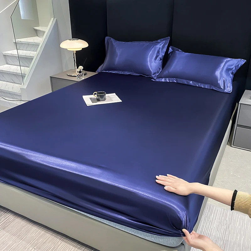WOSTAR Summer solid colour satin rayon elastic fitted sheet mattress ...