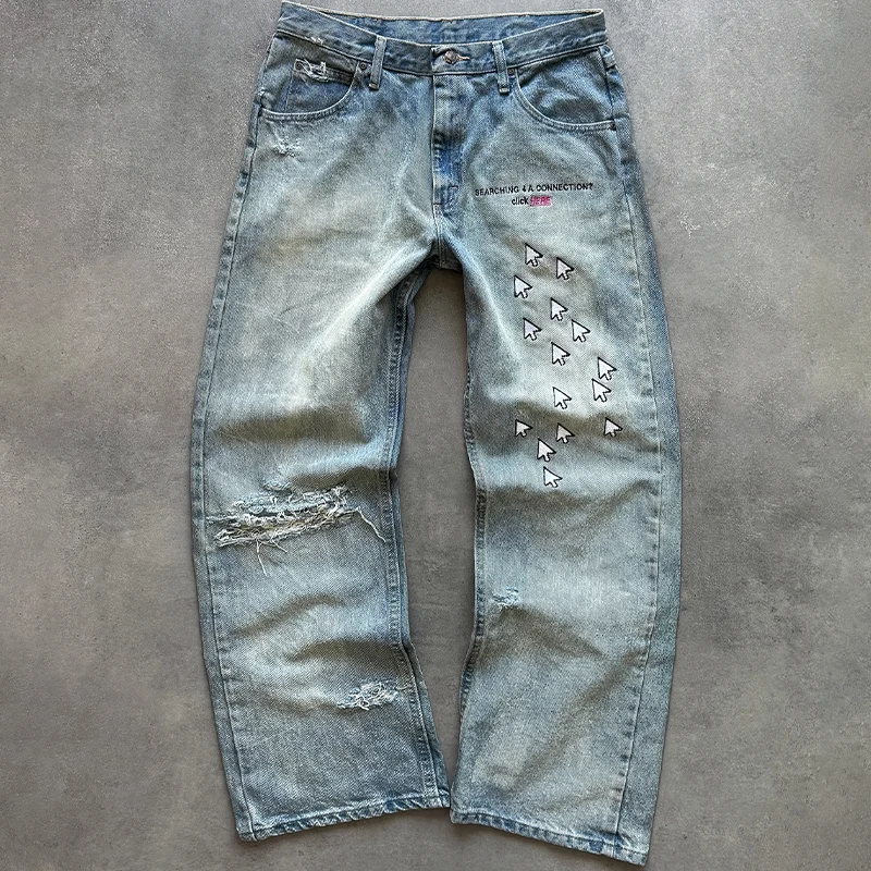 Y2K-Jeans-vintage-Embroidered-Text-Mouse-Cursors-pattern-Light-Wash ...