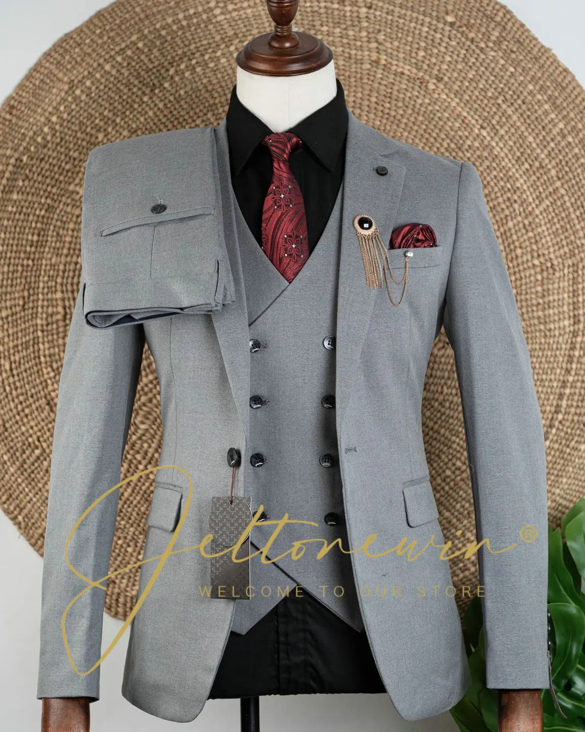 Men's Gray Three Piece Suit with Single Button Jacket and Double ...