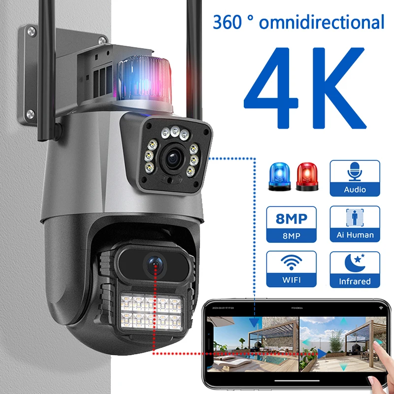 8MP 4K IP Câmera Dual Lens Dual Screen PTZ Wifi Câmera Ao Ar Livre À ...