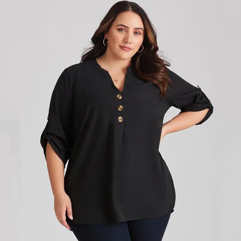 Plus-Size-Notch-Neck-Spring-Autumn-Casual-Blouse-Women-Rolling-Up ...