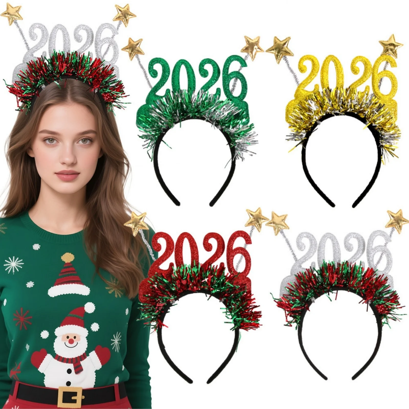 1PCS 2026 New Year Headbands, Glitter Tinsel Star Hair Hoops, NYE Party ...