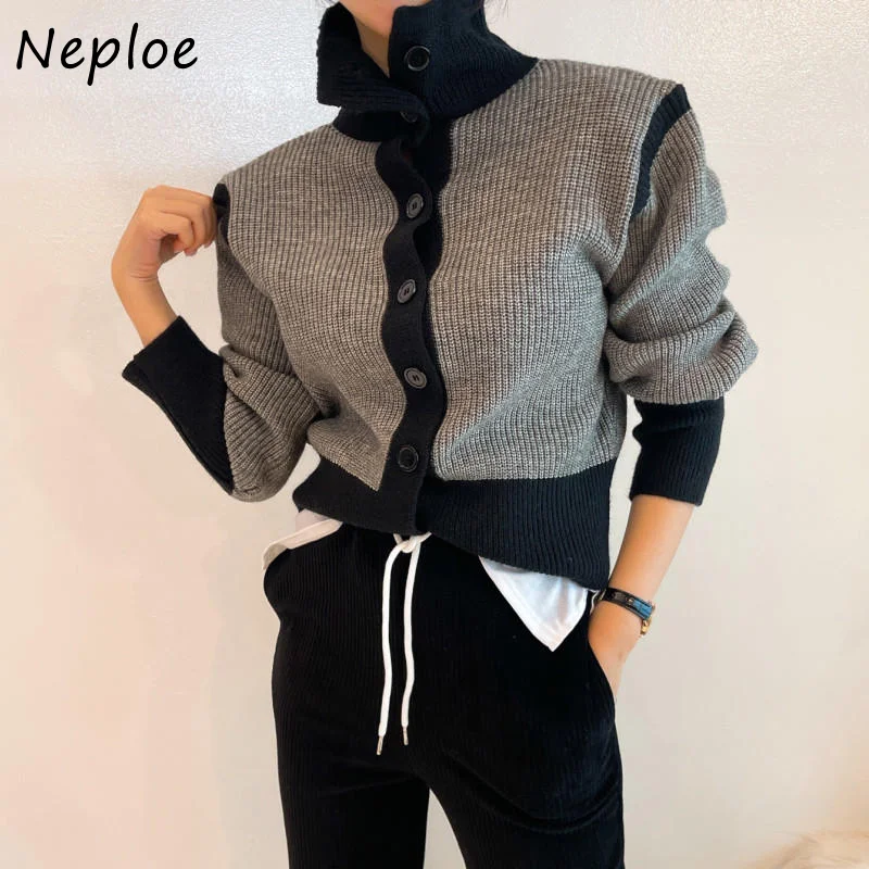 Neploe 터틀넥 콘트라스트 컬러 패치워크 아우터웨어 싱글 브레스트 슬림 스웨터 여성용 한국 스타일 가디건 가을 겨울 상품