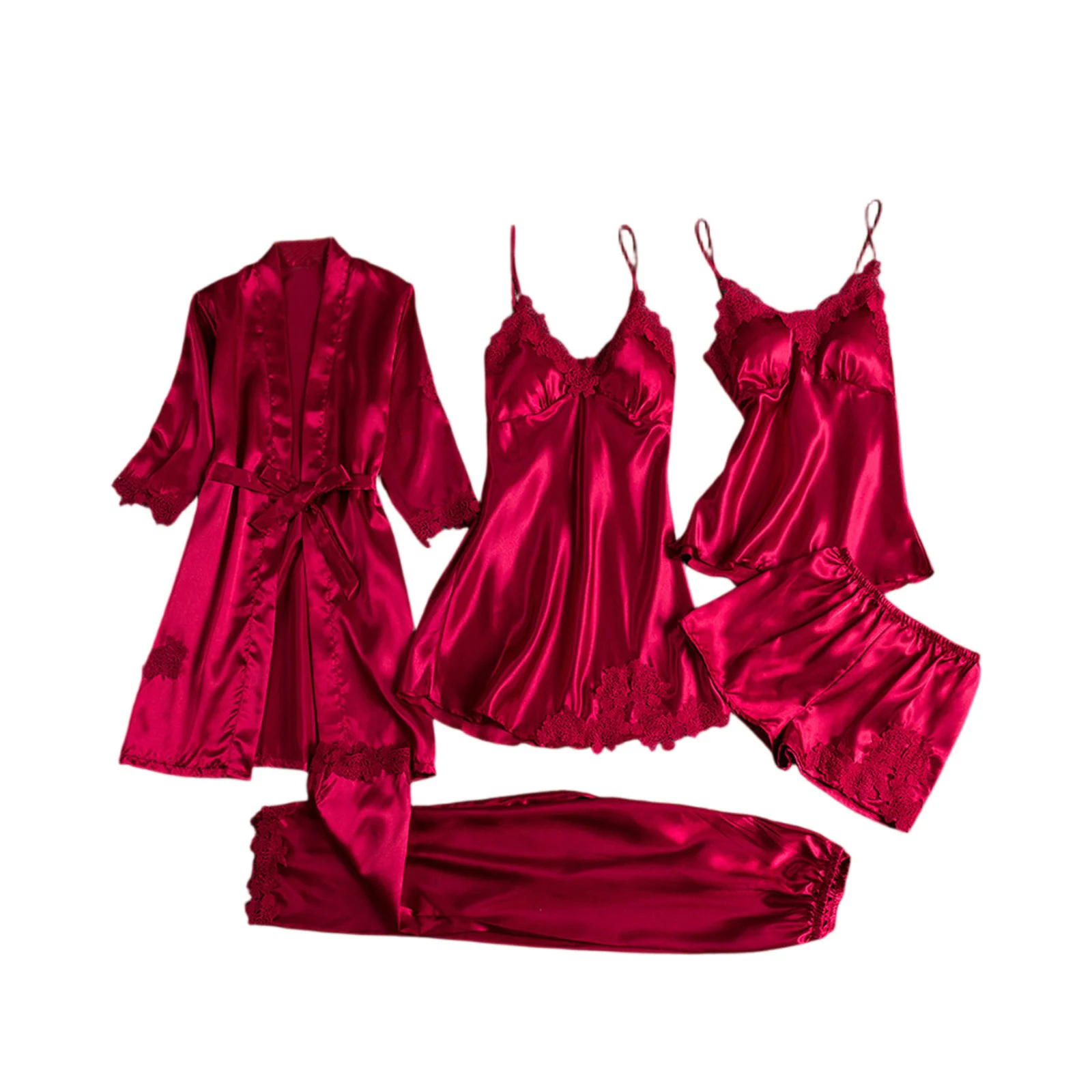 5pcs Satin Robe Gown Sets Sexy Womens Nighty Bathrobe Nightgown Sleep ...