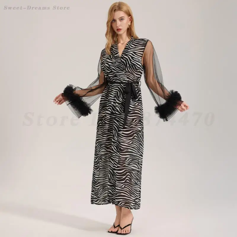 Plus Size Long Robe Sexy Lace Mesh Sleeve Nightgown Female Zebra Stripe ...