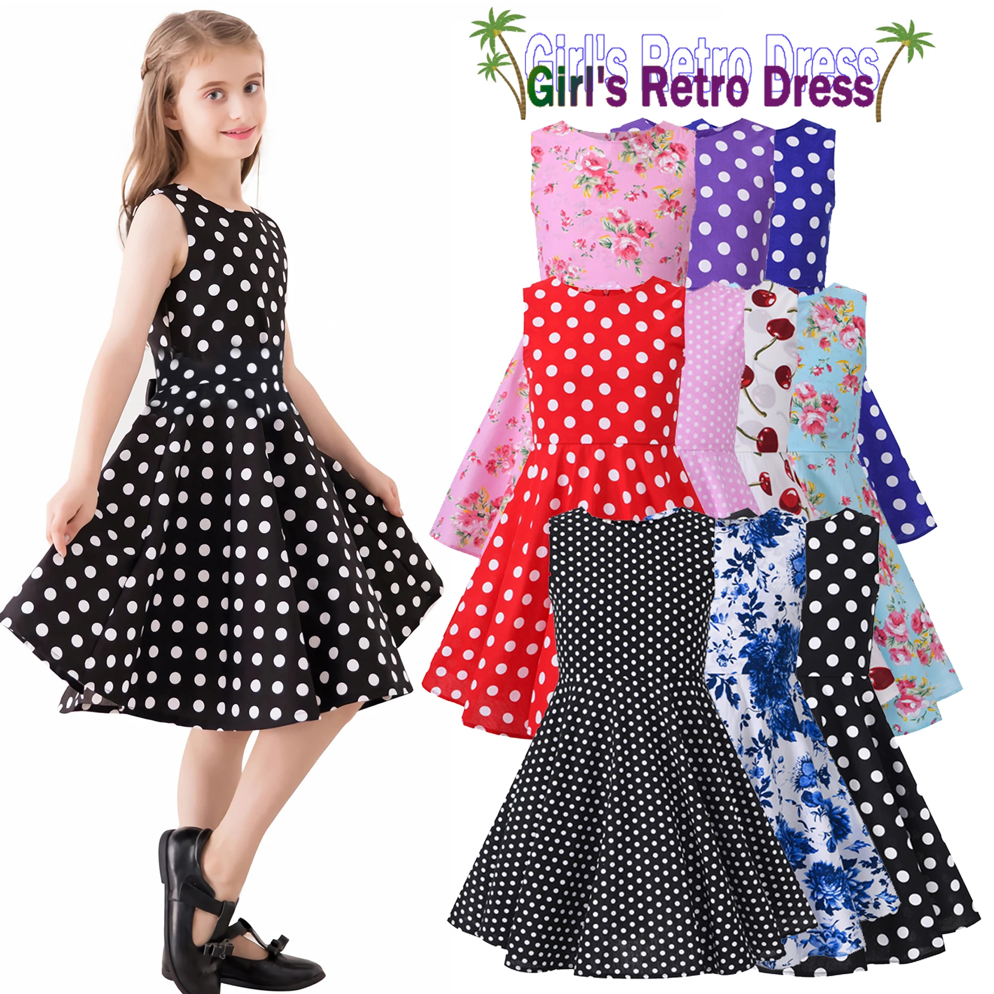Girl's Retro Dress,Summer Princess Sleeveless Polka Dots Cotton ...