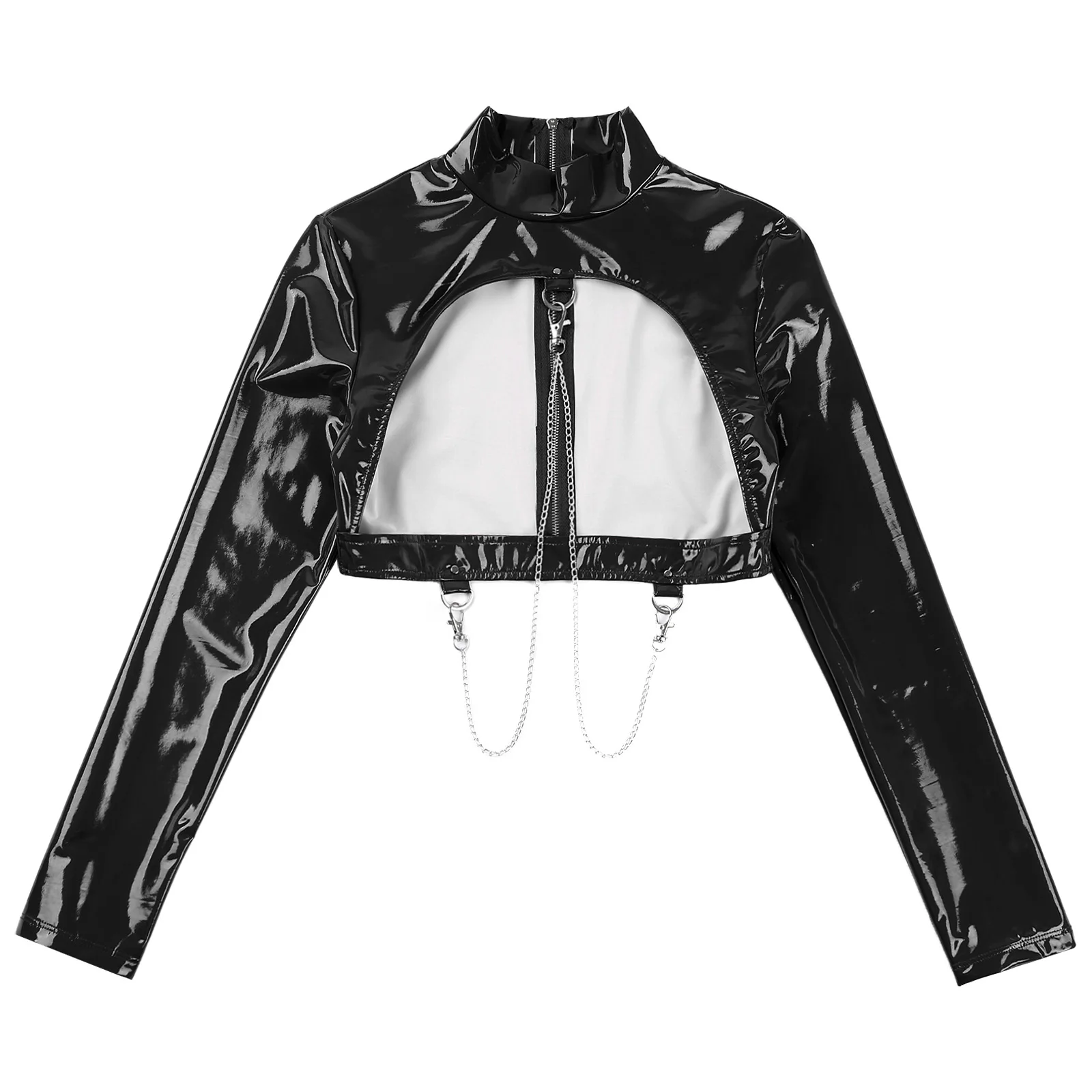 Womens-T-shirt-Tops-Open-Chest-Glossy-Patent-Leather-Crop-Top-with ...