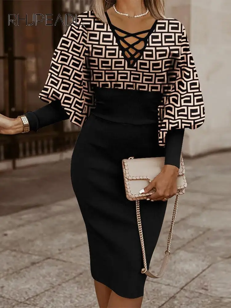 Women-Elegant-Bodycon-Dress-Sexy-V-neck-Long-Sleeve-High-Waist-Slim ...