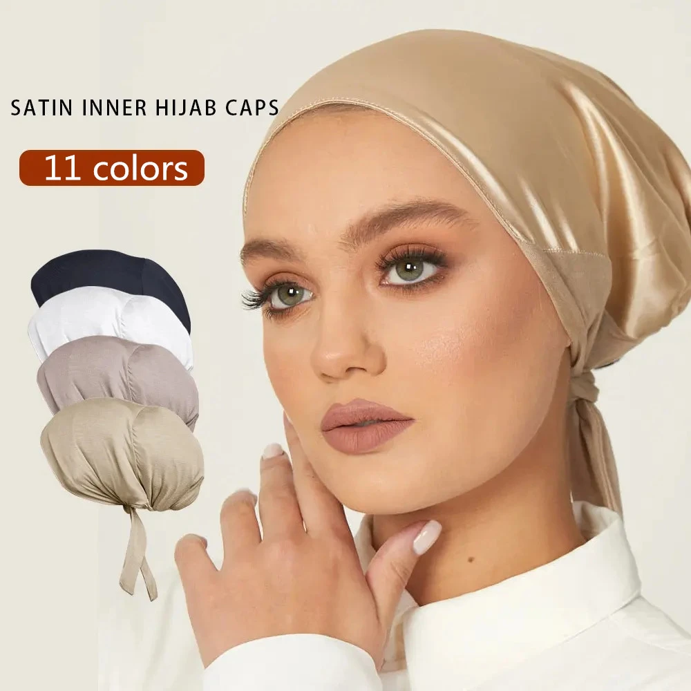 Satin Lined Silk Inner Hijab Caps Muslim Women Jersey Elastic Tie Back ...