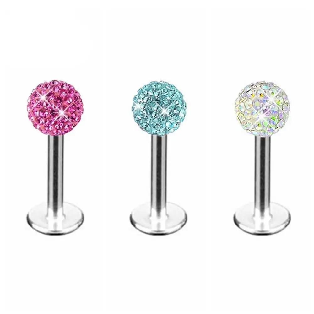 1x 4mm Stainless Steel Luxury Crystal Ball Lip Stud Tragus Earring Bar ...